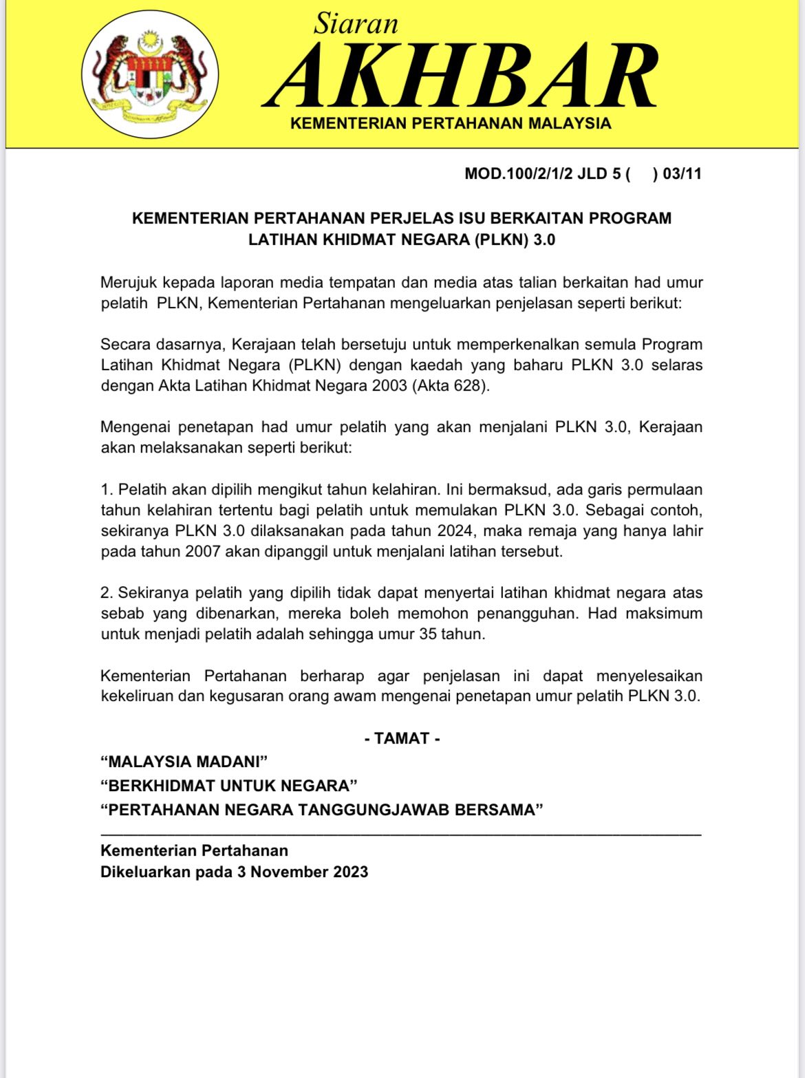 Baru Confirm! PLKN bukan hingga 35 Tahun Tapi.....